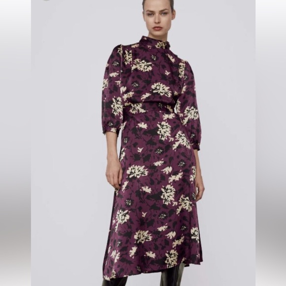 Zara | Dresses | Zara Dark Purple Belted Floral Flowers Print Dress ...